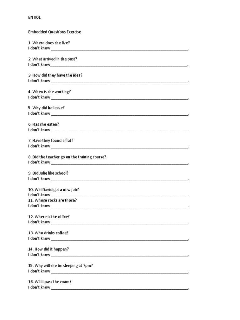 Embedded Questions in Statements Exercise | PDF
