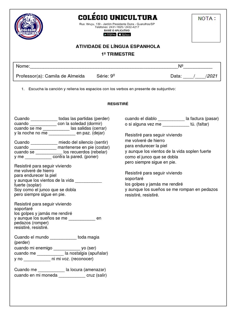 Atividade Subjuntivo Resistiré Irregulares | PDF