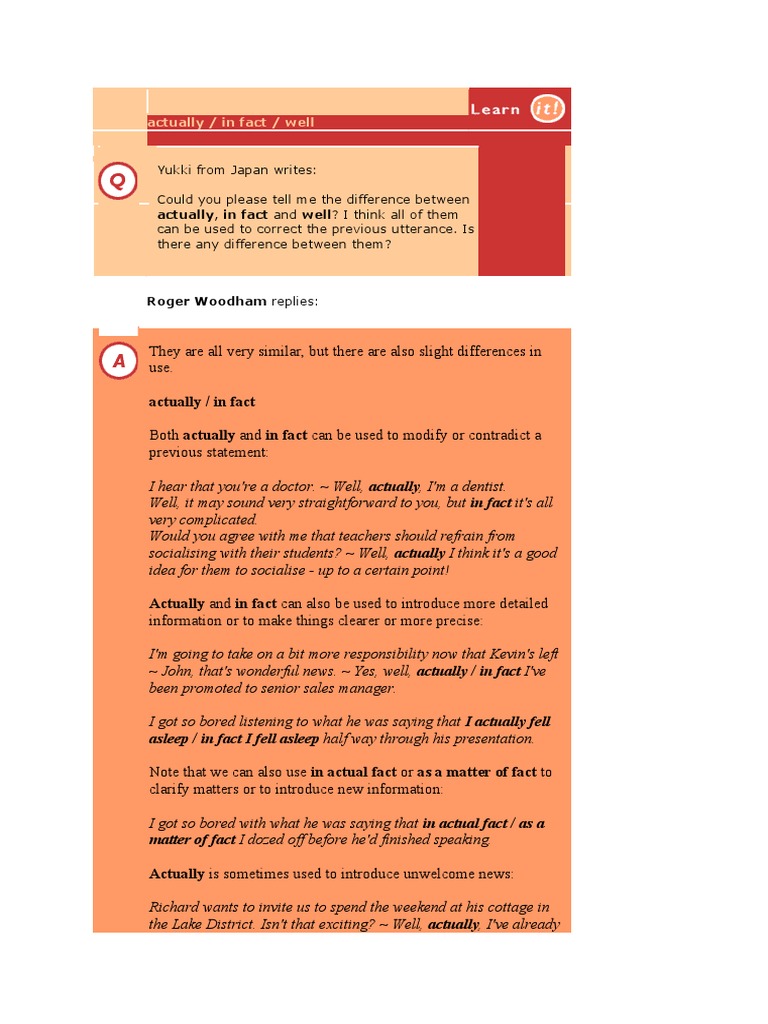 Actually / in Fact / Well | PDF | Syntax | Adjective