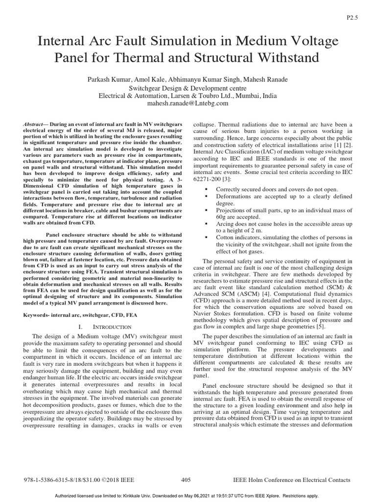 Internal Arc Fault Simulation in Medium Voltage Panel For Thermal and ...