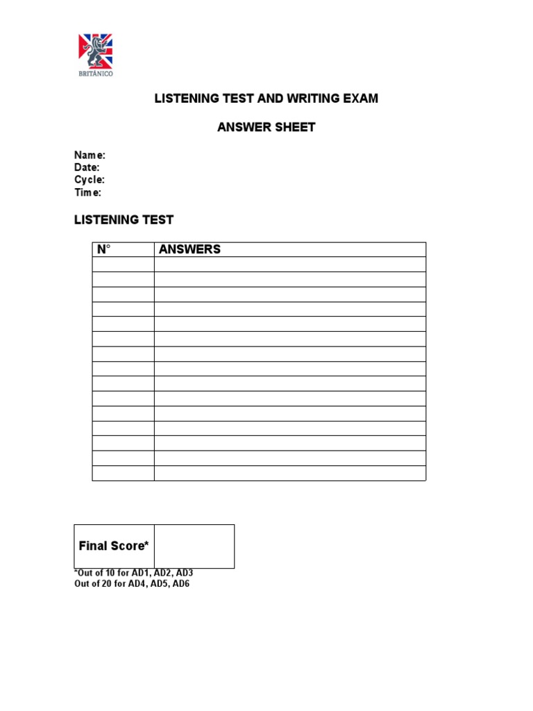 Listening Test and Writing Exam - Answer Sheet | PDF