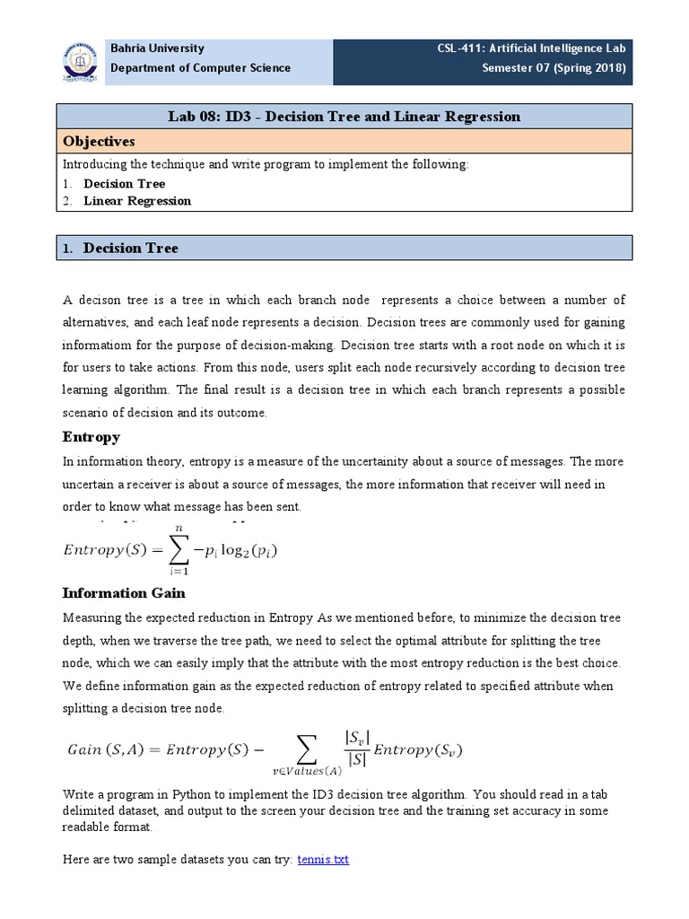 Lab 08: ID3 - Decision Tree and Linear Regression Objectives | PDF ...