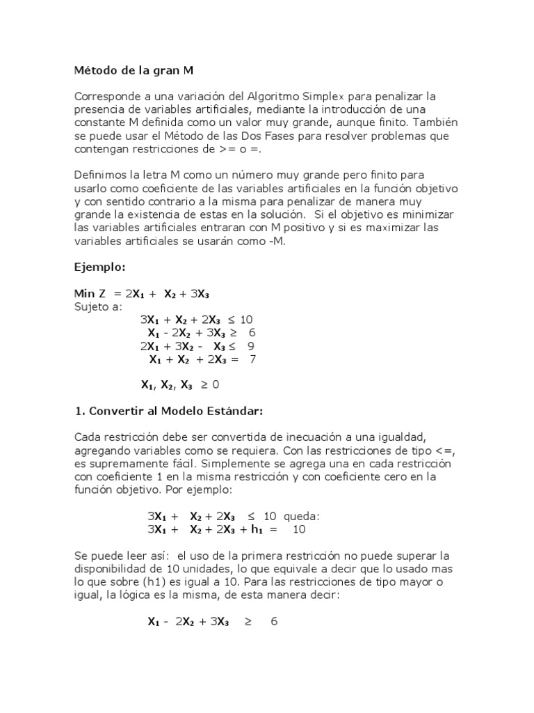 Método de la Gran M en Programación Lineal | PDF | Programación de ...