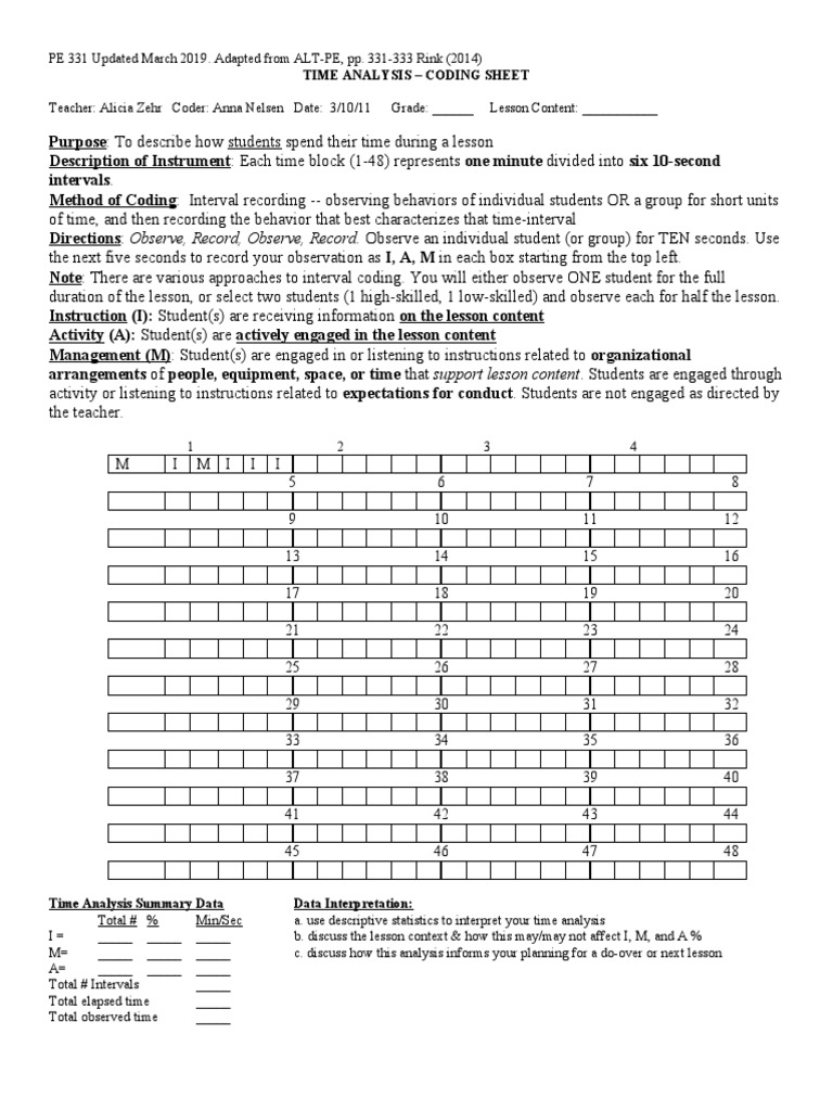 Time Analysis Coding Sheet for Lessons | PDF | Scientific Method ...