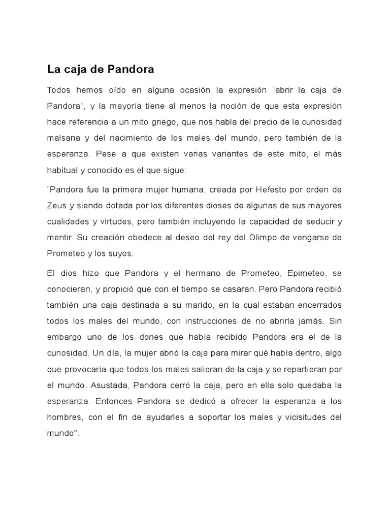 Mito de la Caja de Pandora: Resumen | PDF | Libros para adolescentes