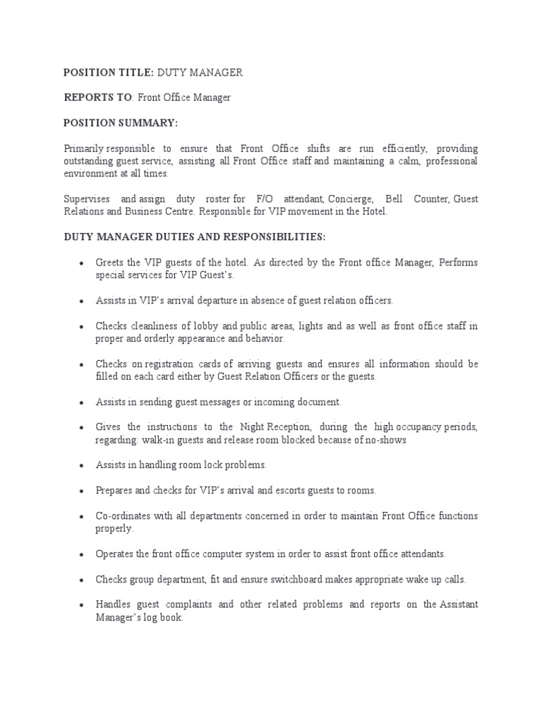 Position Title: Duty Manager REPORTS TO: Front Office Manager Position ...