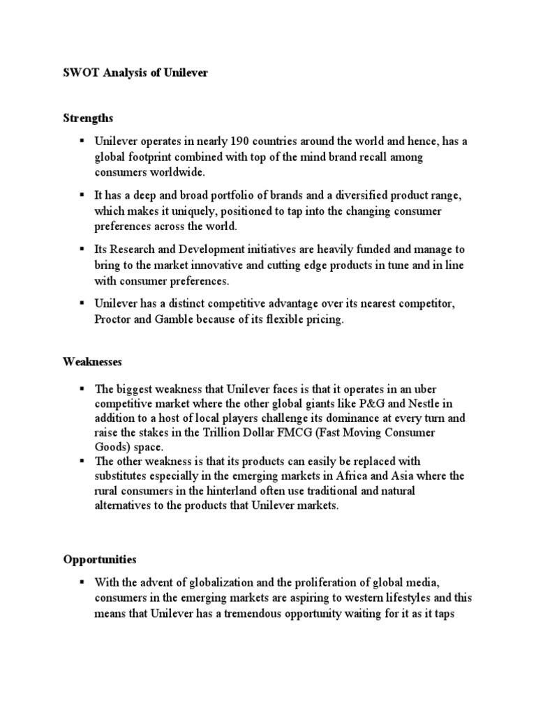 SWOT Analysis of Unilever | PDF | Corporate Social Responsibility ...