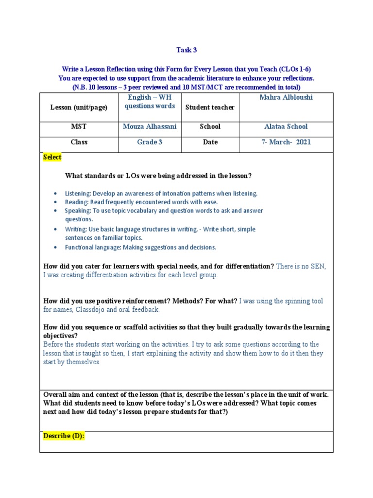 English - WH Questions Words Mahra Albloushi: Task 3 | PDF | Question ...