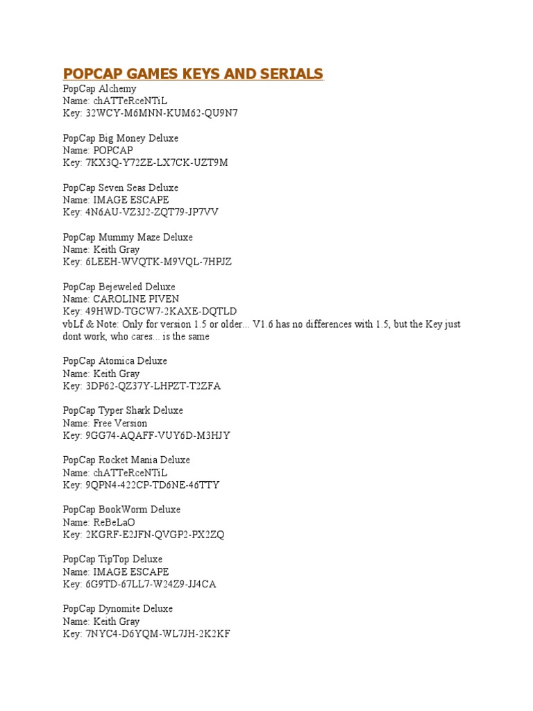 PopCap Games Keys and Serials List | PDF | Electronic Games | Online Games