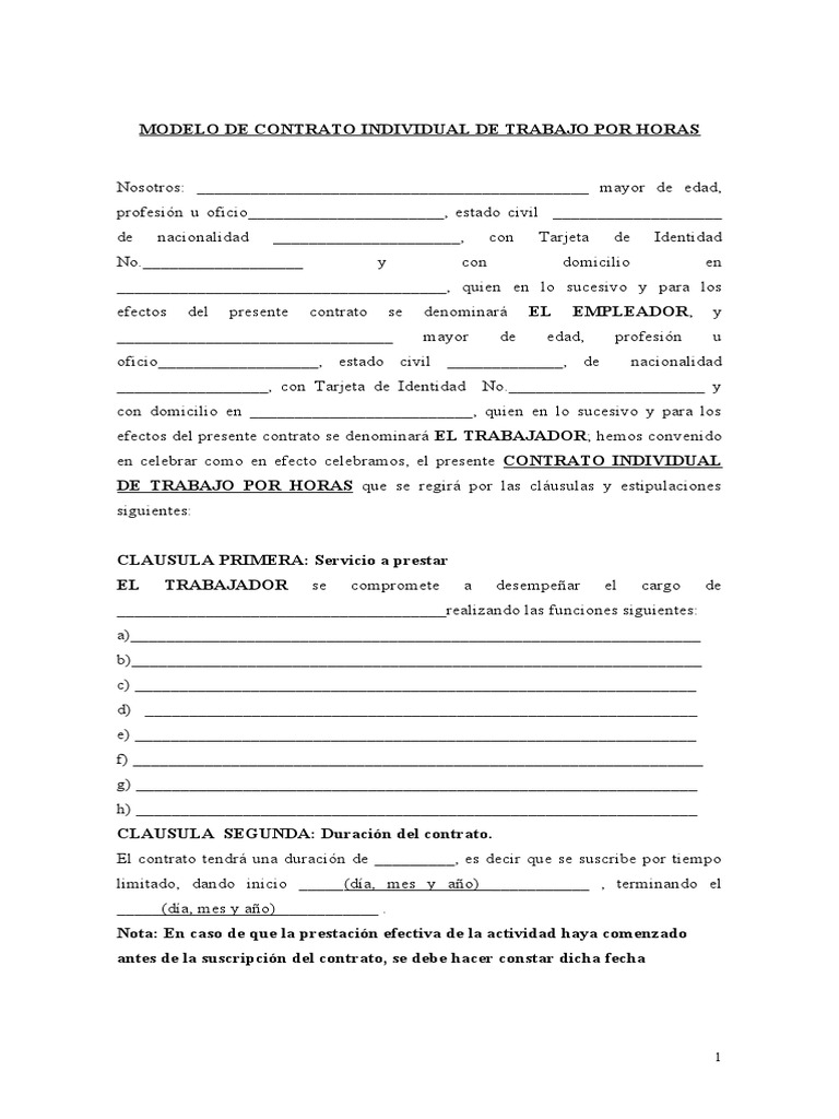 Modelo - Contrato - Individual de Trabajo - Por Horas - Formato Oficial | PDF | Salario | Bienestar