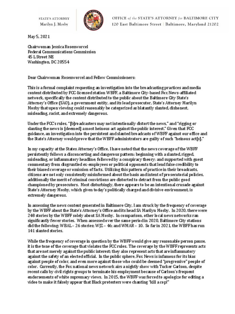 FCC Complaint Letter | PDF | Fox News | District Attorney
