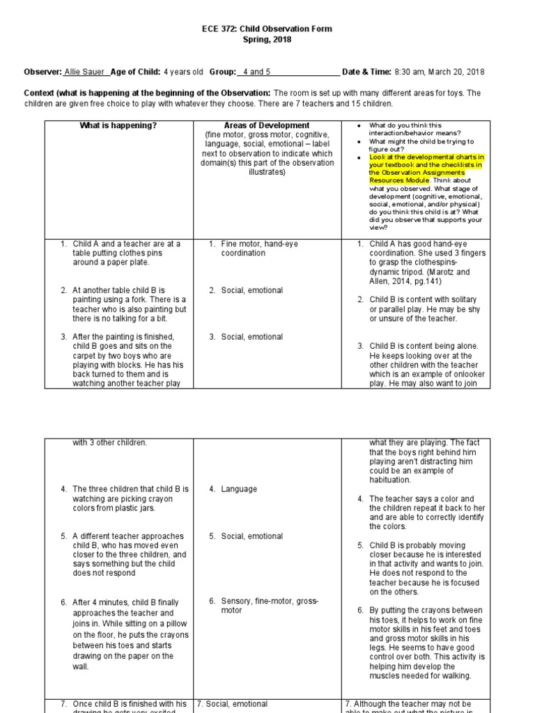 Child Observation Form - Preschool | PDF | Neuropsychological ...