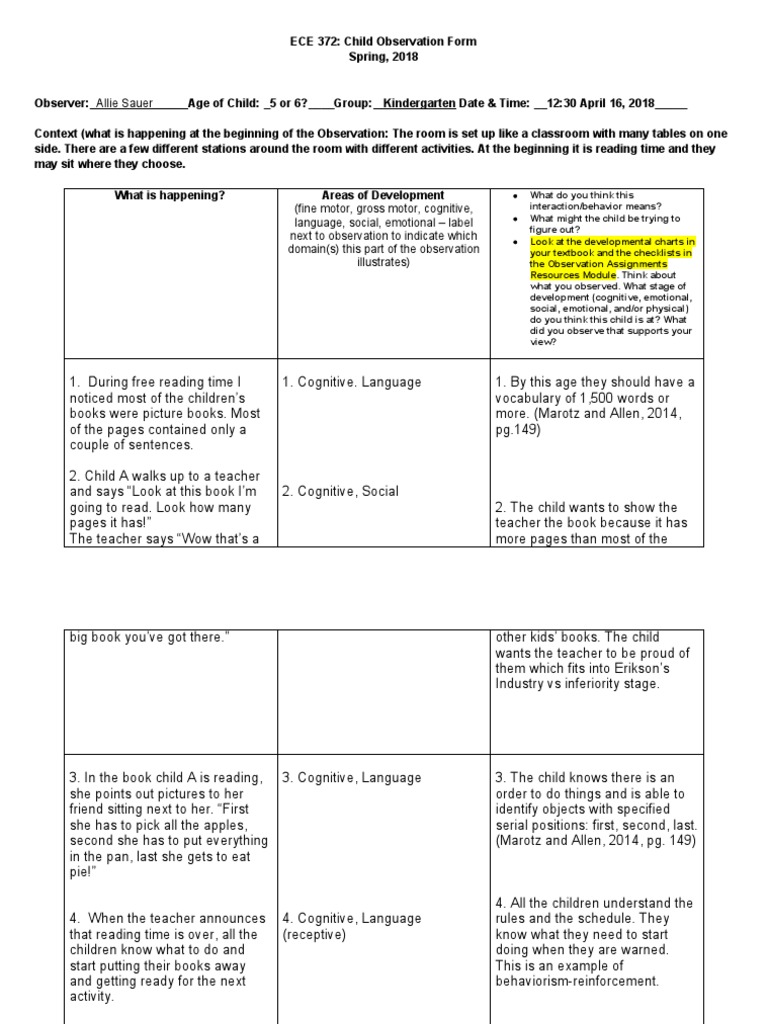 Child Observation Form - Kindergarten | PDF | Neuropsychological ...