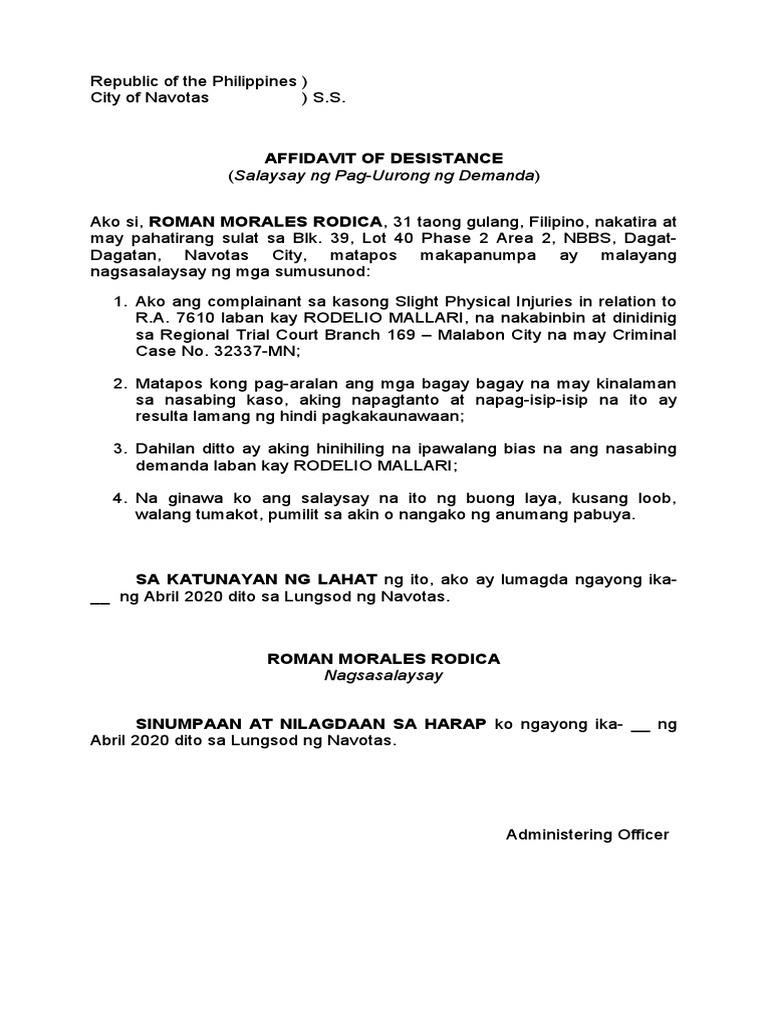 Affidavit of Desistance - Tagalog | PDF