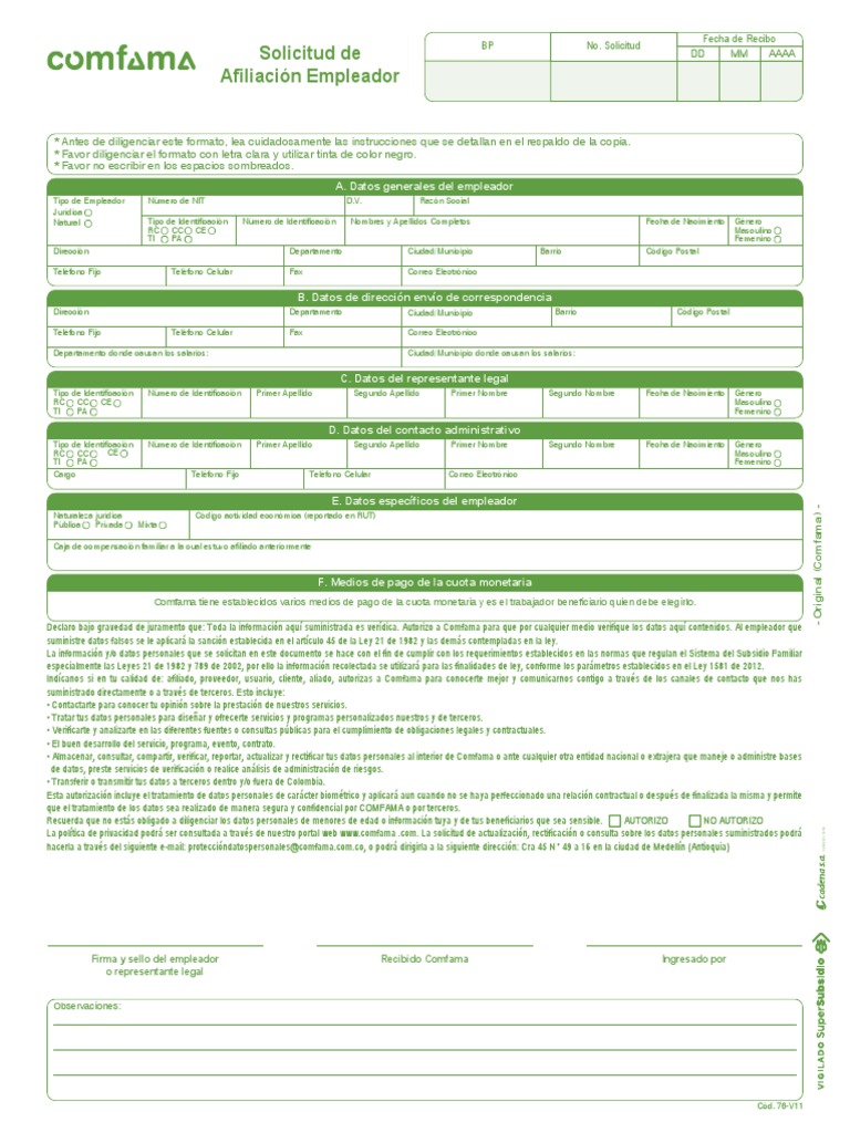 Formulario Afiliación Empleador Comfama | PDF | Correo | Business