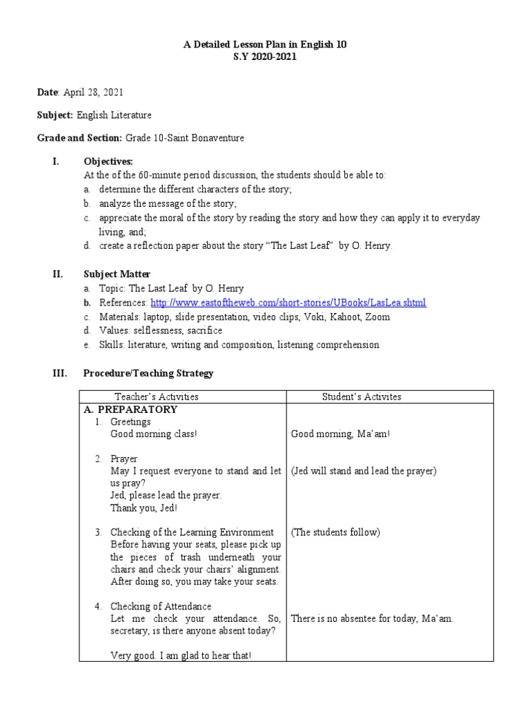 Detailed English Lesson Plan for Grade 10 | PDF | O. Henry | Lesson Plan