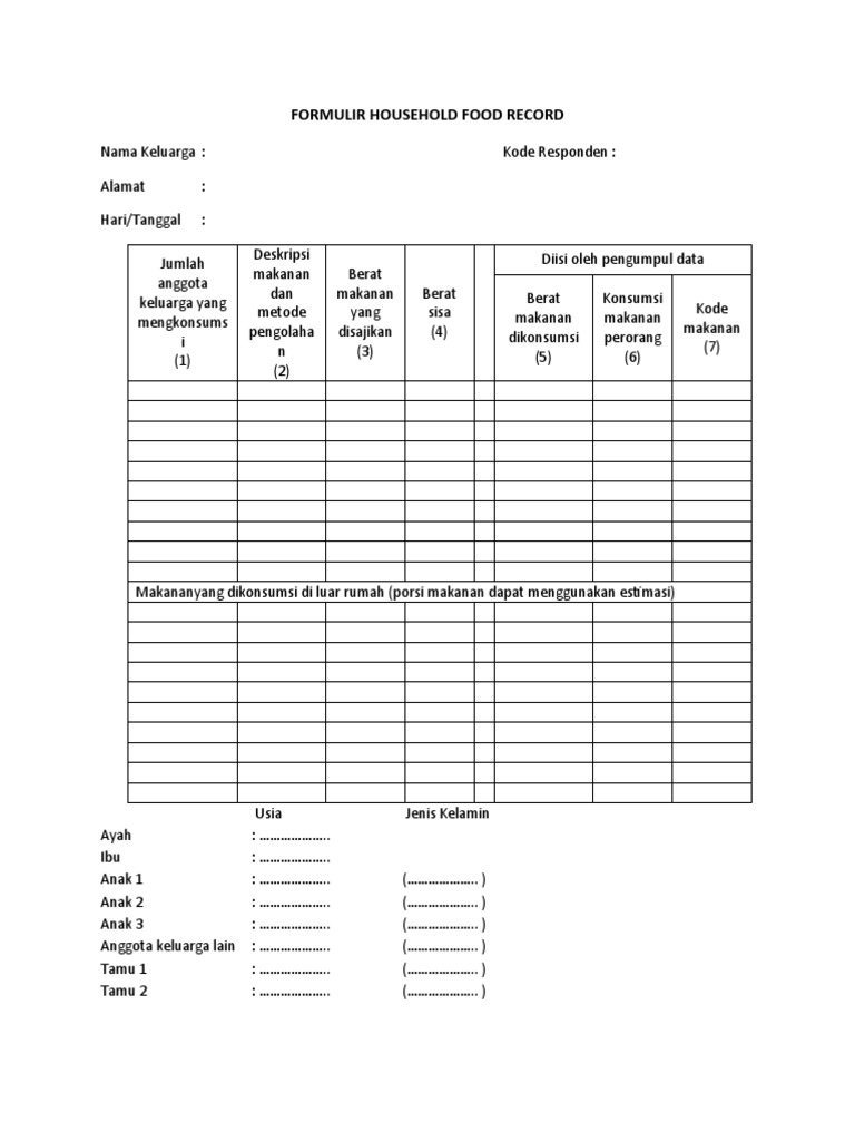 Formulir Household Food Record | PDF