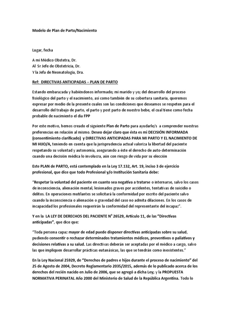 Modelo de Plan de Parto | PDF | Parto | Especialidades Medicas