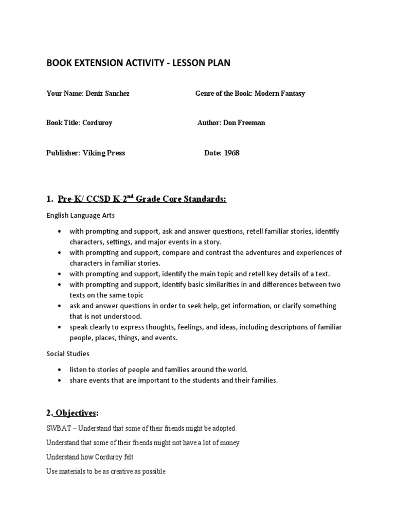 Book Extension Activity - Lesson Plan: 1. Pre-K/ CCSD K-2 Grade Core ...