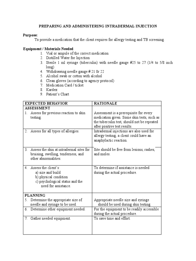 Preparing and Administering Intradermal Injection | PDF | Injection ...