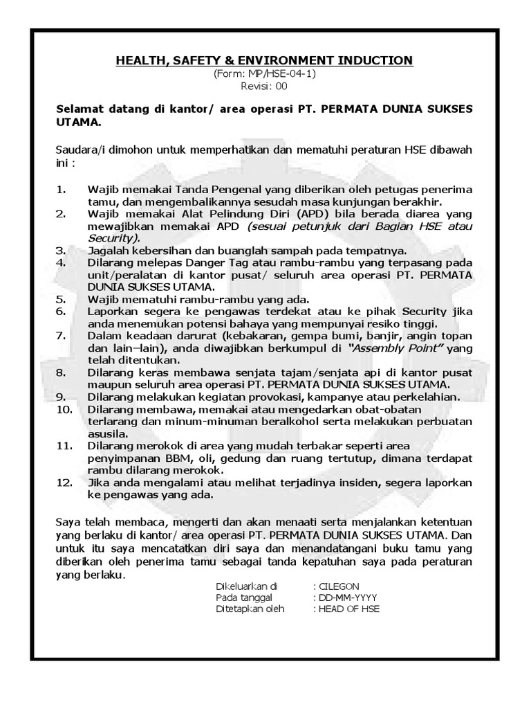MP-HSE-04-1 Induksi HSE Tamu | PDF | Teknologi & Rekayasa