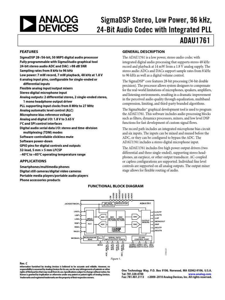 ADAU1761 | PDF | Analog To Digital Converter | Decibel