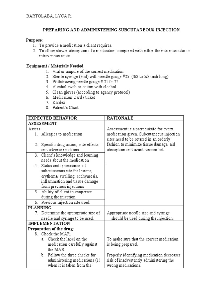 Preparing and Administering Subcutaneous Injection Purpose | Download ...
