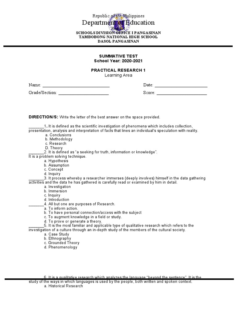 Practical Research 1 Summative Test | PDF | Qualitative Research ...