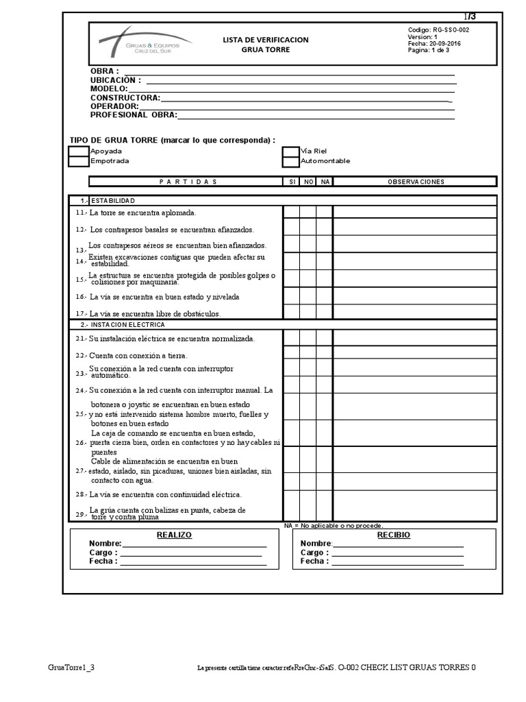 Rg-Sso-002 Check List Gruas Torres | Descargar gratis PDF ... Rg-Sso-002 Check List Gruas Torres | Descargar gratis PDF ...
