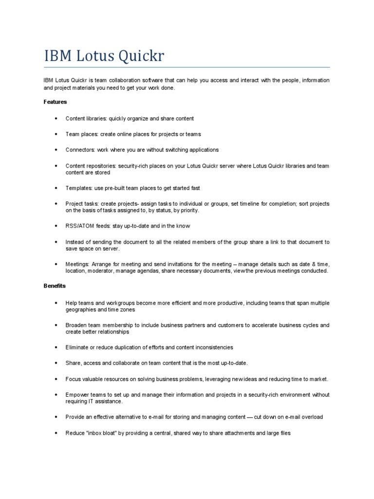 IBM Lotus Quickr: Features | PDF | Instant Messaging | Microsoft Outlook