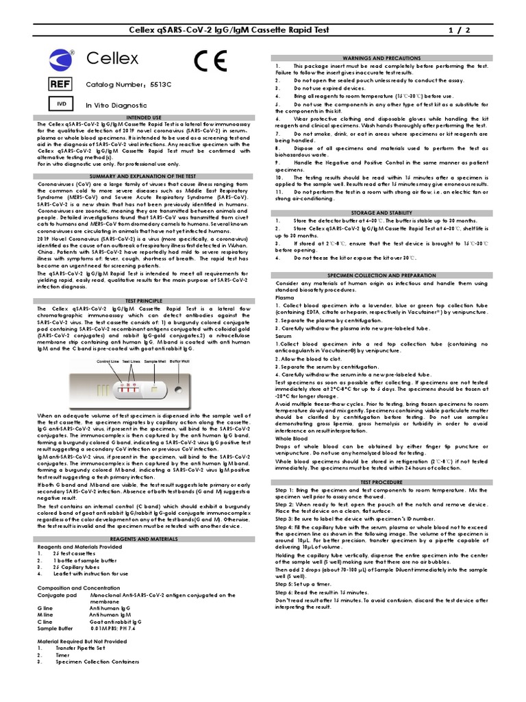 2 IFU 5513C Cellex QSARS CoV 2 IgGIgM Cassette Rapid Test | PDF | Blood ...