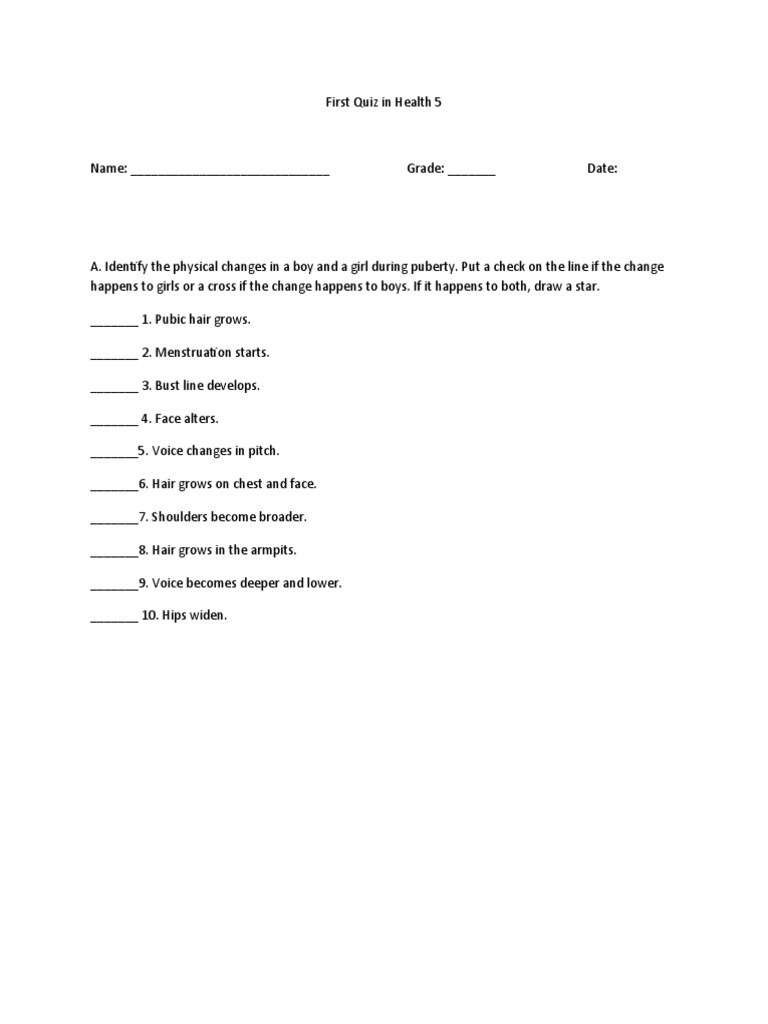 First Quiz in Health 5 | PDF | Wellness