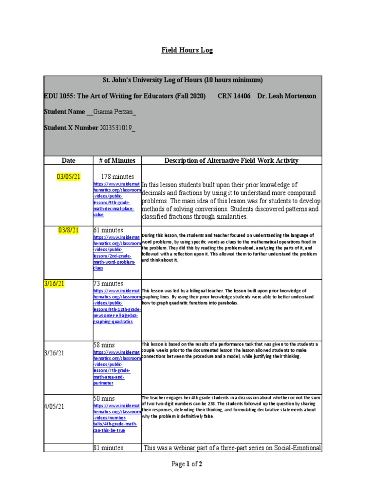 Field Hours Log for EDU 1055 Class | PDF | Education Theory | Teachers