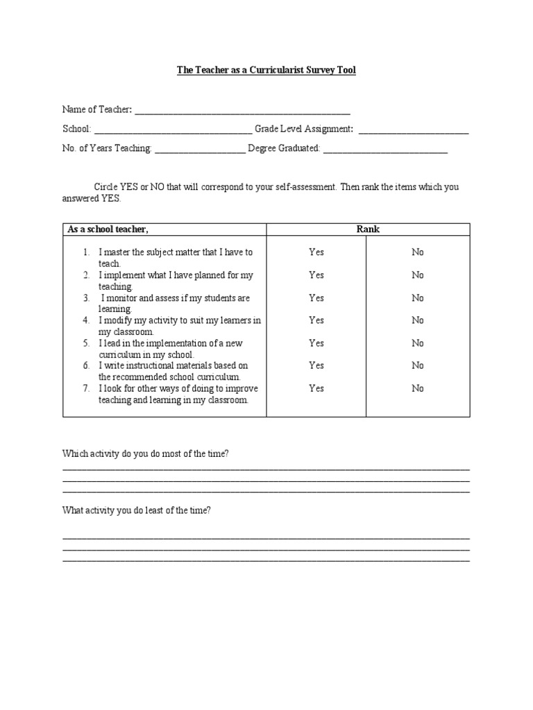 Teacher Self-Assessment Survey Tool | PDF