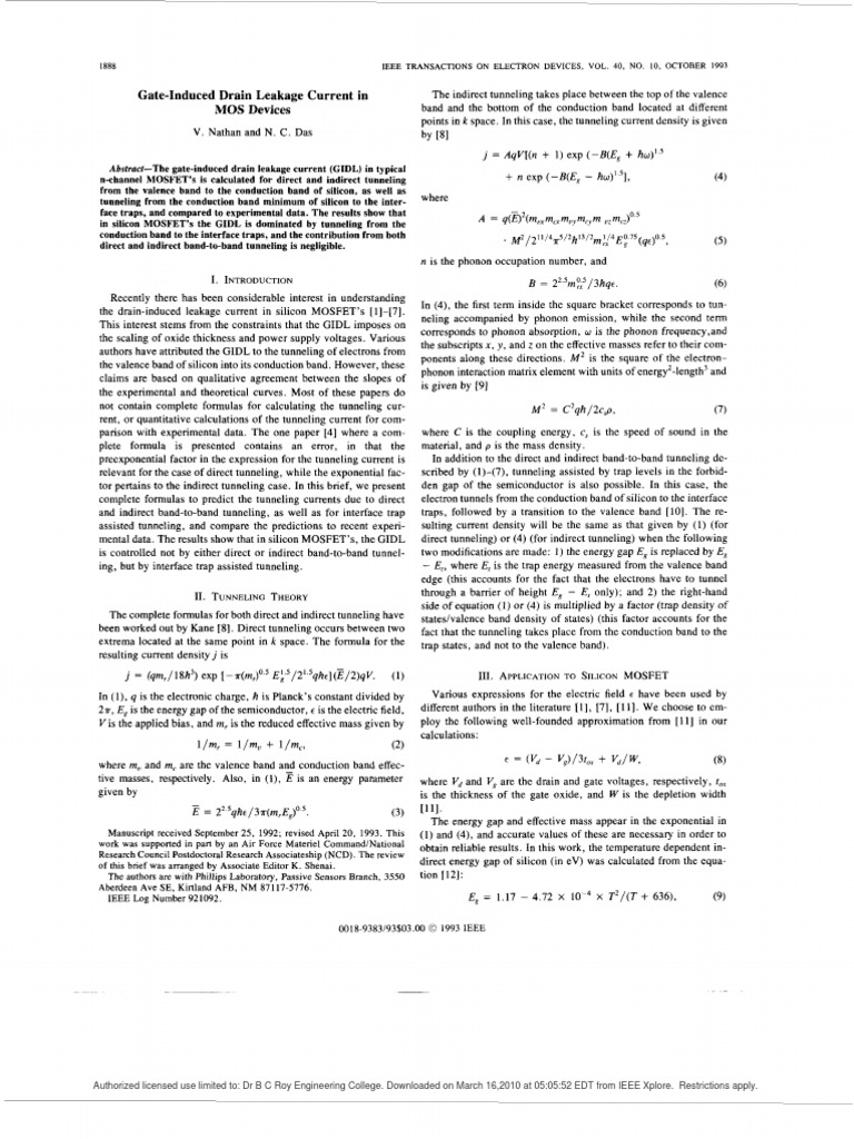 Gate-Induced Drain Leakage Current in MOS Devices | PDF | Quantum ...