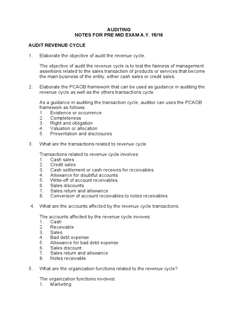 Auditing Notes For Pre Mid Exam A.Y. 15/16 Audit Revenue Cycle ...