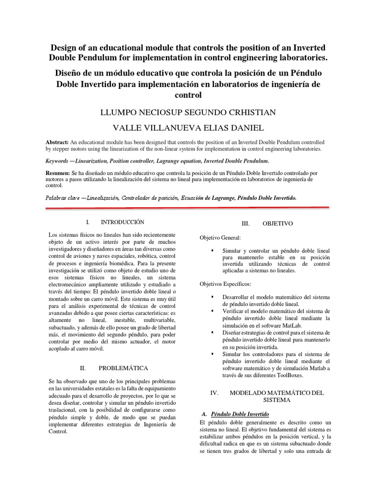 Paper 1er Avance - Proyecto Control Moderno - Pendulo Doble Invertido | PDF | Péndulo | Simulación