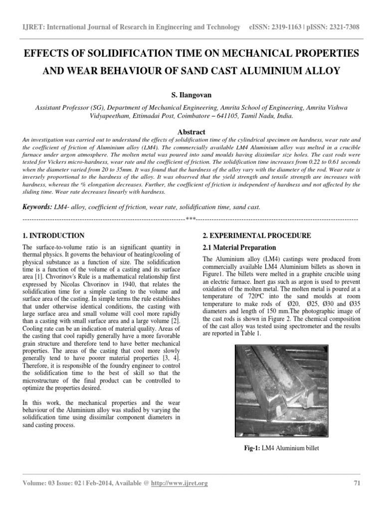 Effects of Solidification Time On Mechanical Properties and Wear ...