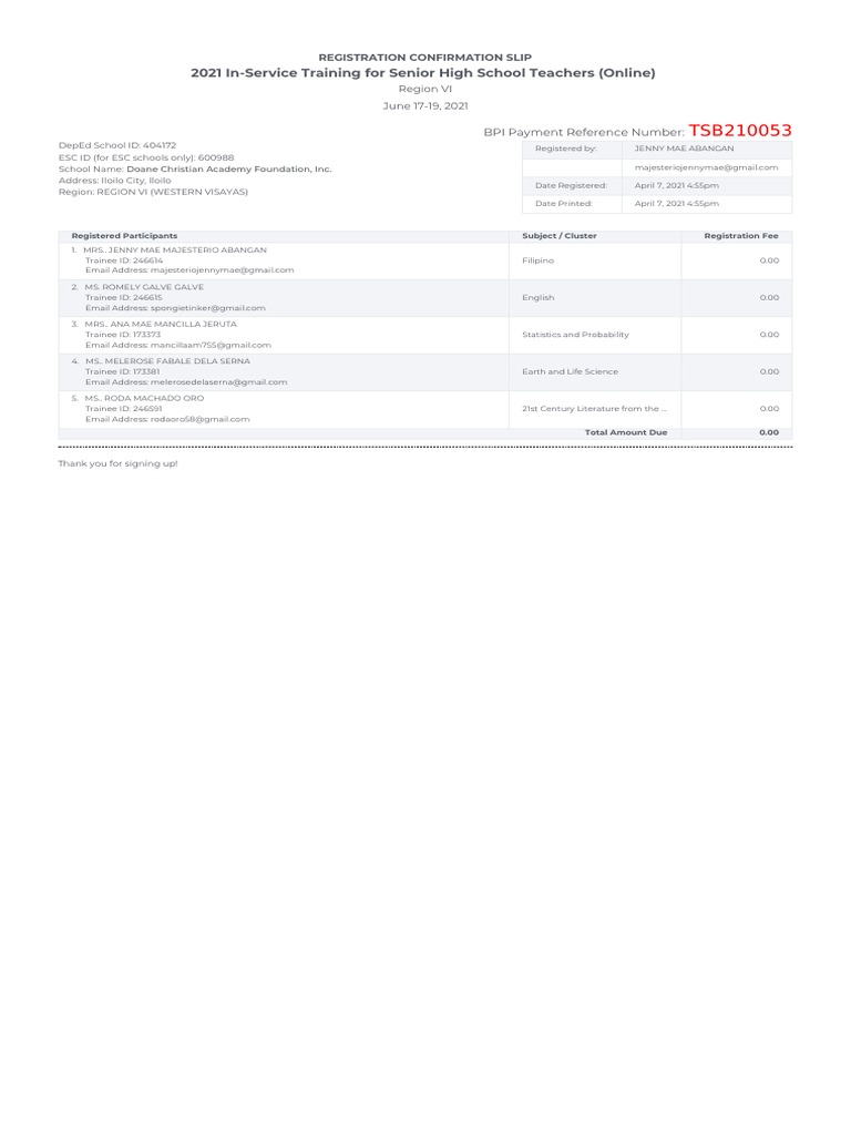 PEAC Registration Confirmation Slip TSB210053 | PDF | Teaching Mathematics