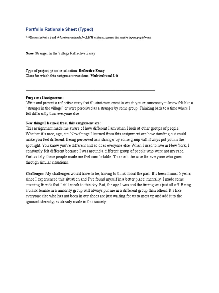 Stranger in The Village Rationale Sheet | PDF