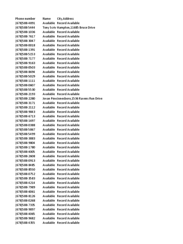 Phone Numbers and Addresses in 678 Area Code | PDF