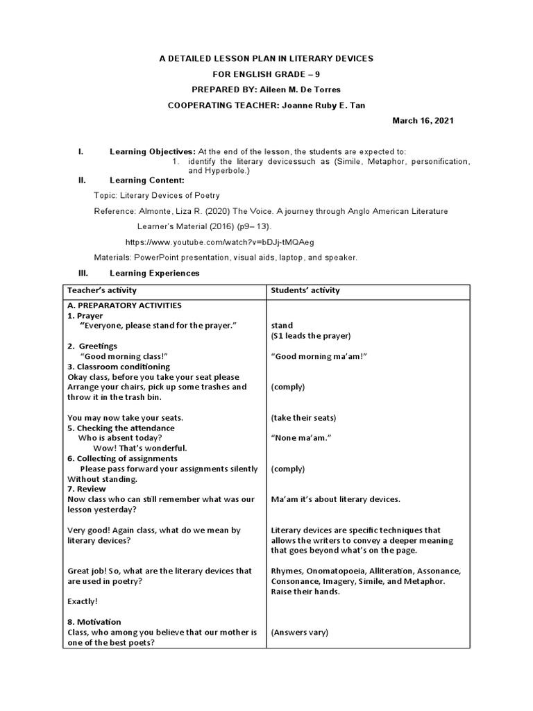 A DETAILED LESSON PLAN IN LITERARY DEVICES OF POETRY 2nd PART | PDF ...