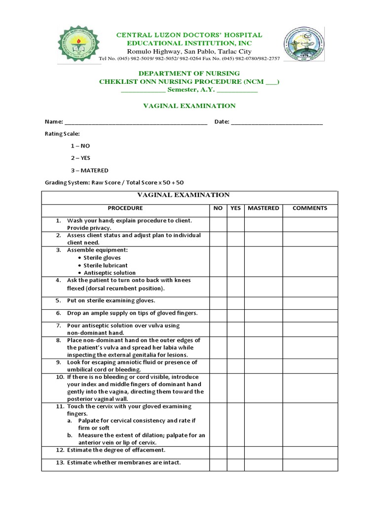 Vaginal Examination Procedure Checklist Pdf Vagina Sexual Anatomy 9575