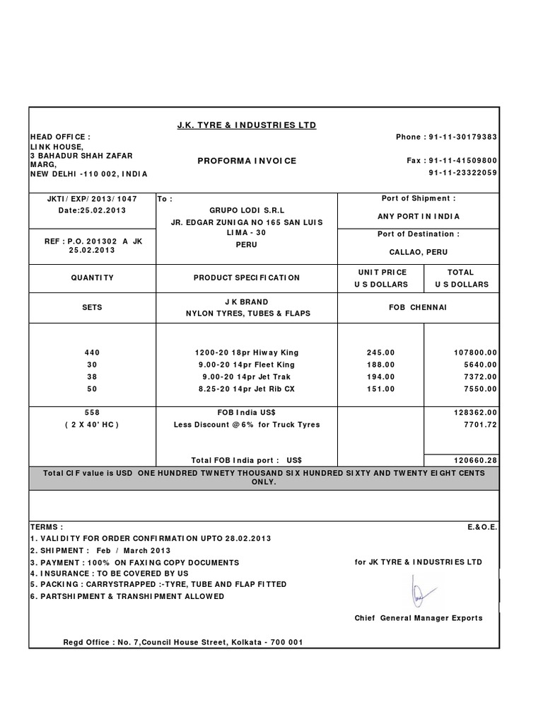 Proforma Invoice 1047 For TBB Tyres | PDF | International Trade ...