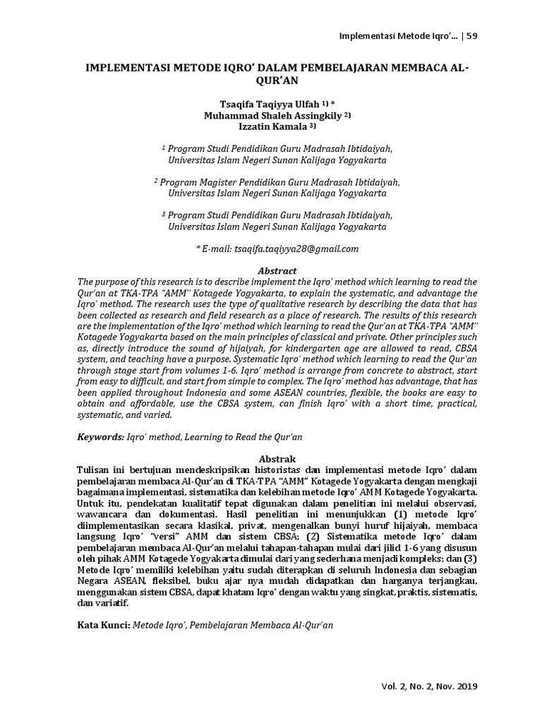 Implementasi Metode Iqro' Dalam Pembelajaran Membaca Al-Qur'An | PDF ...