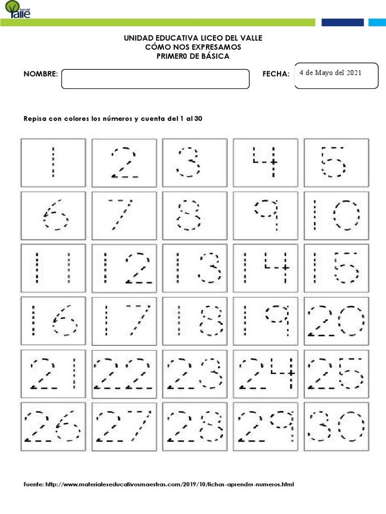 Hoja De Trabajo Para Volver A Contar Primer Grado