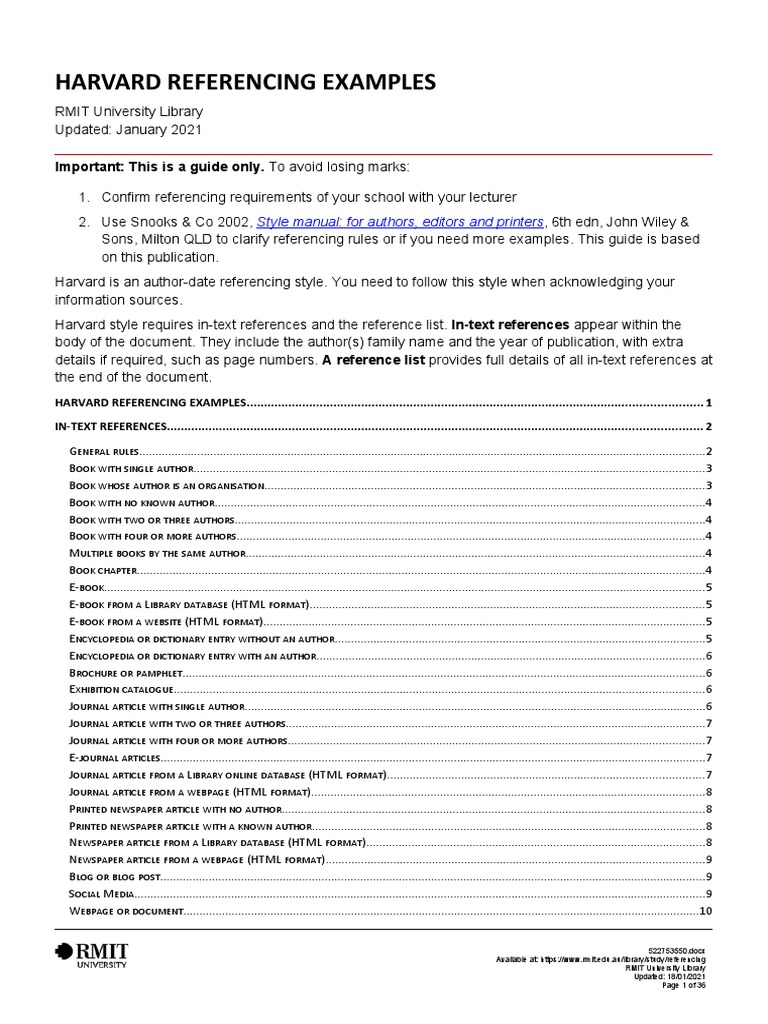 Harvard Referencing Examples: Important: This Is A Guide Only. To Avoid ...
