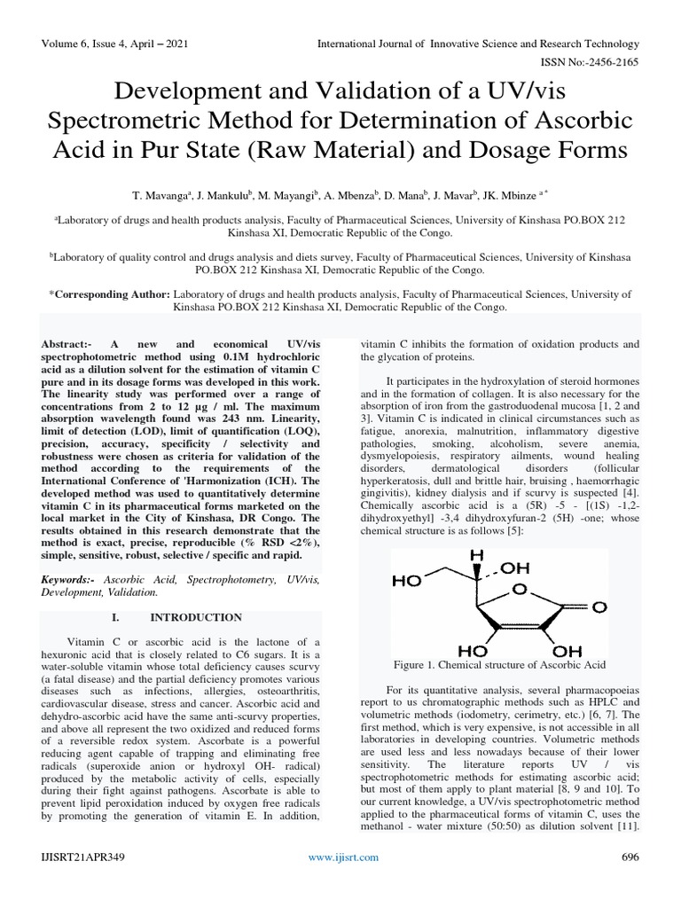 Development And Validation Of A Uvvis Spectrometric Method For Determination Of Ascorbic Acid In