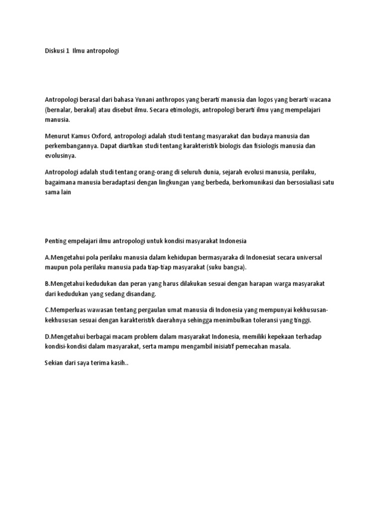 Diskusi 1 Ilmu - Antropologi | PDF | Ilmu Sosial | Seni & Disiplin Bahasa