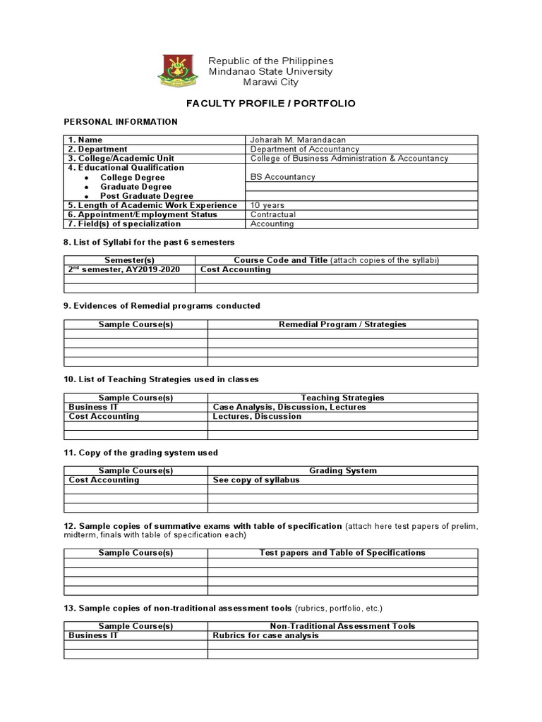 Faculty Profile / Portfolio: Republic of The Philippines Mindanao State ...